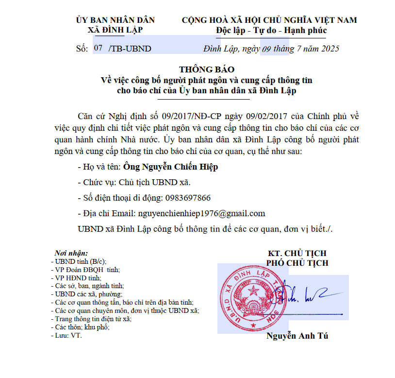 Thông báo công bố người phát ngôn và cung cấp thông tin báo chí của UBND xã Đình Lập